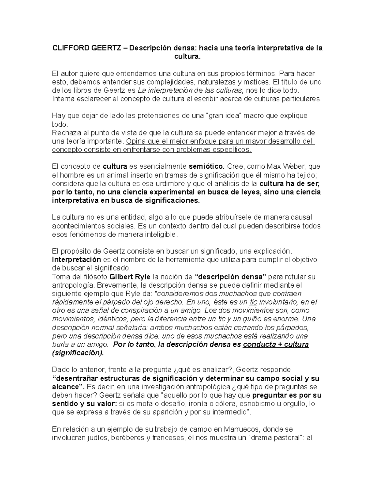 Geertz - Descripción Densa: Teoría Interpretativa de la Cultura - Studocu