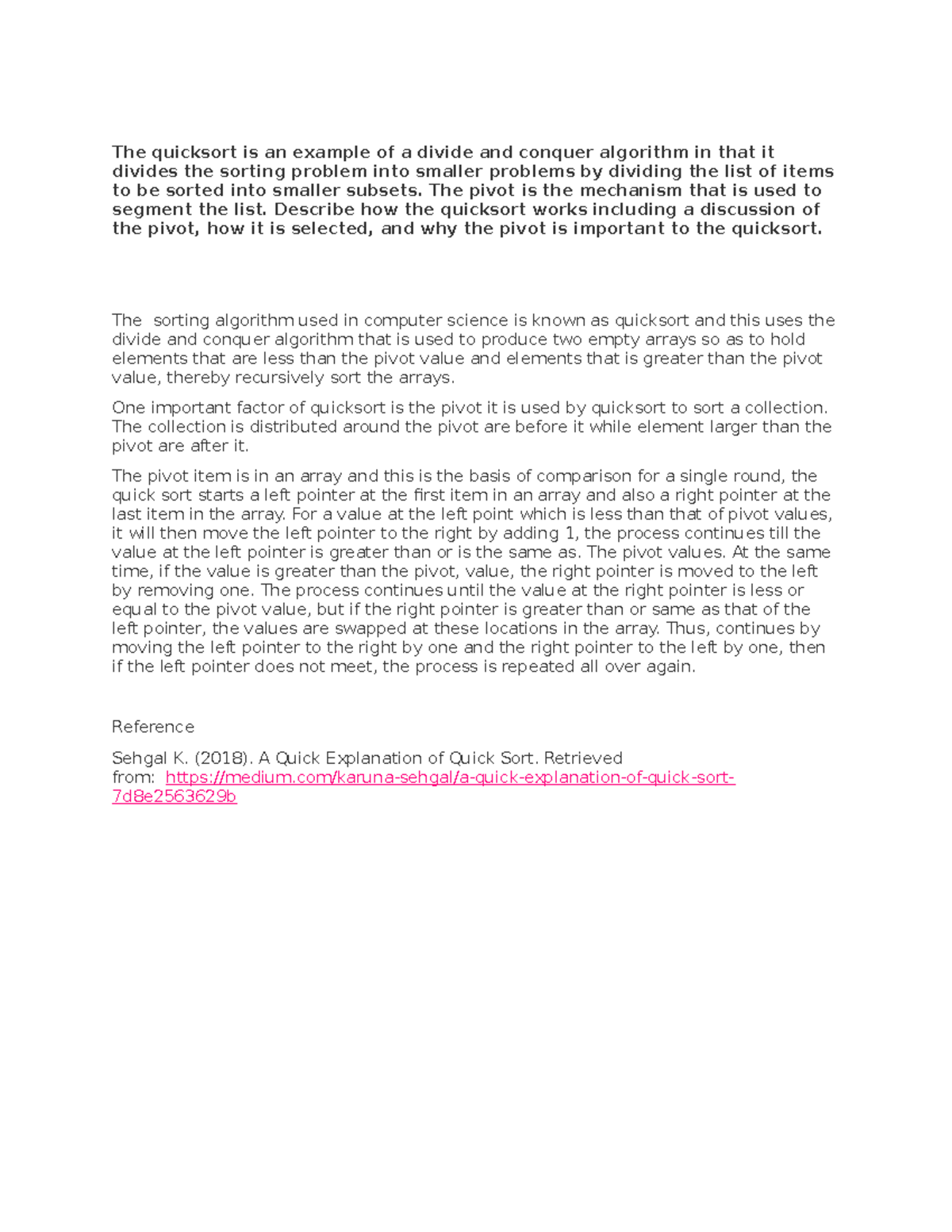 Discussion UNIT 6 CS3303 - The quicksort is an example of a divide and ...