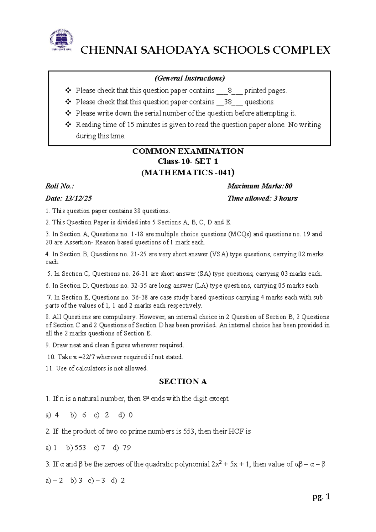 Chennai Sahodaya Class 10 Mathematics (Std) Exam Paper 2025-26 - Studocu