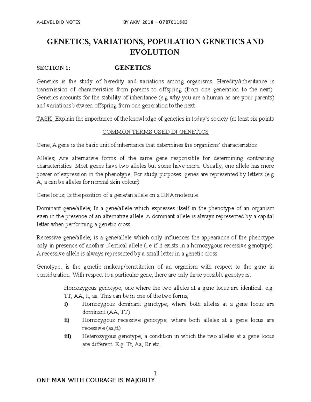 Genetics AND Evolution A- Level Notes BY AKM - GENETICS, VARIATIONS ...