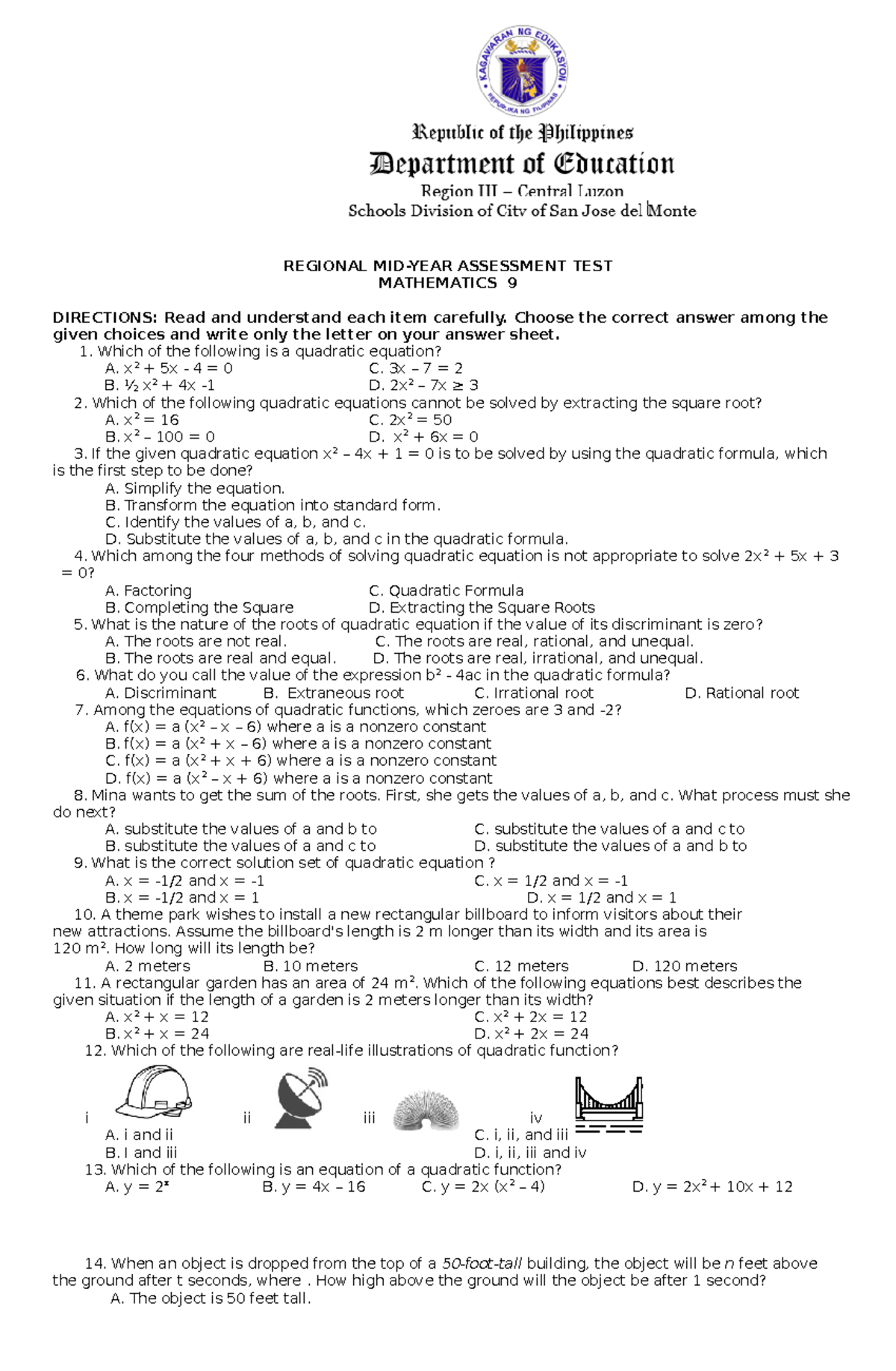 Math 9 Mid-Year Assessment - REGIONAL MID-YEAR ASSESSMENT TEST ...