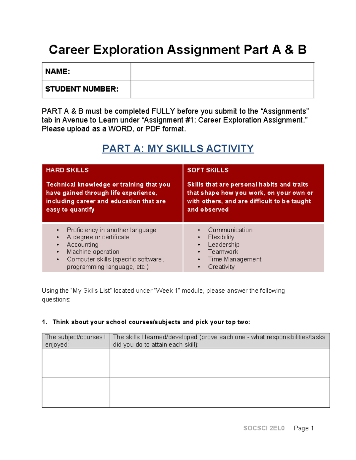 Career Exploration Assignment SOCSCI 2EL0 Winter 25 - Studocu