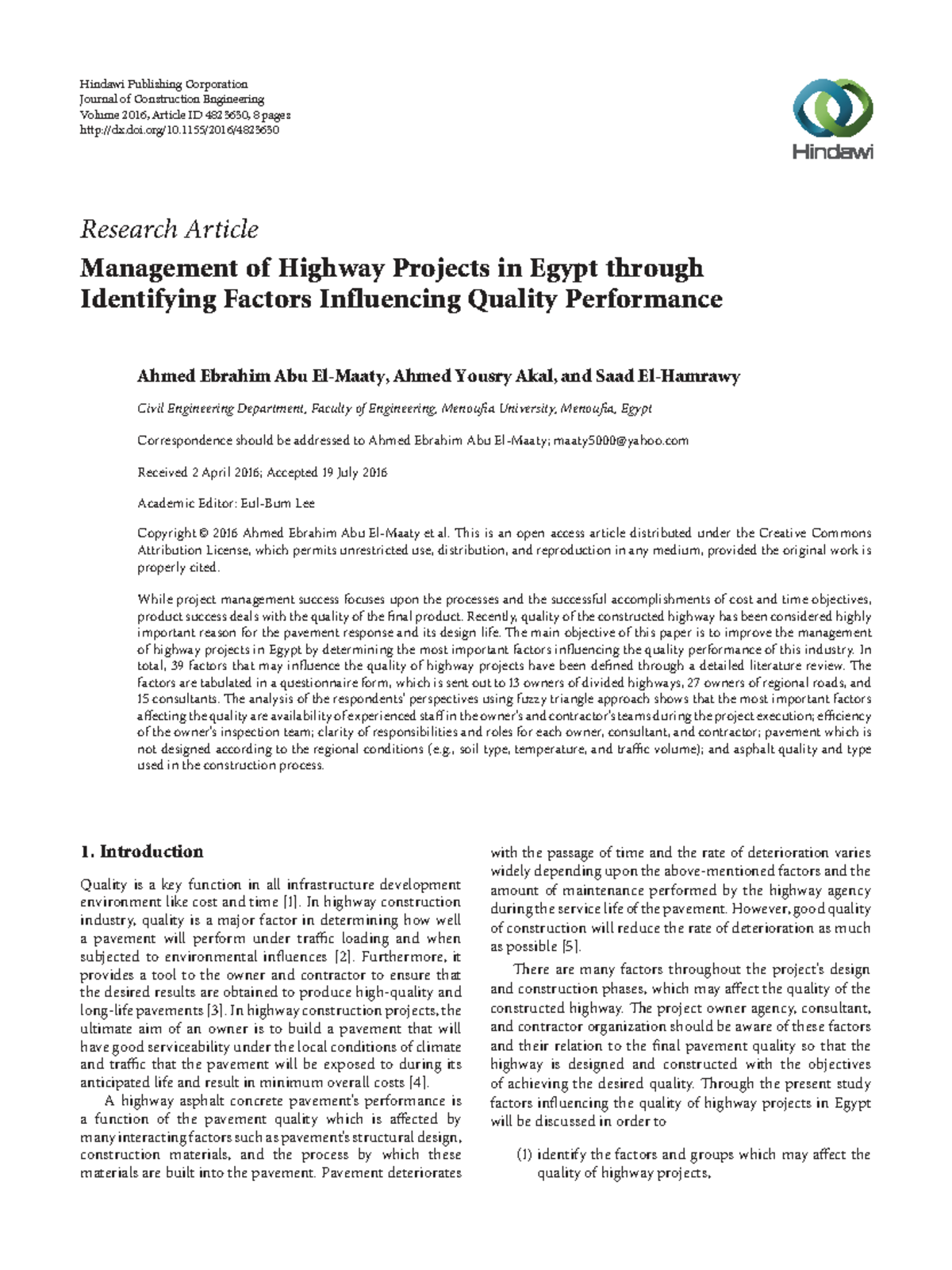 Management of Highway Project Quality in Egypt: Factors & Insights ...