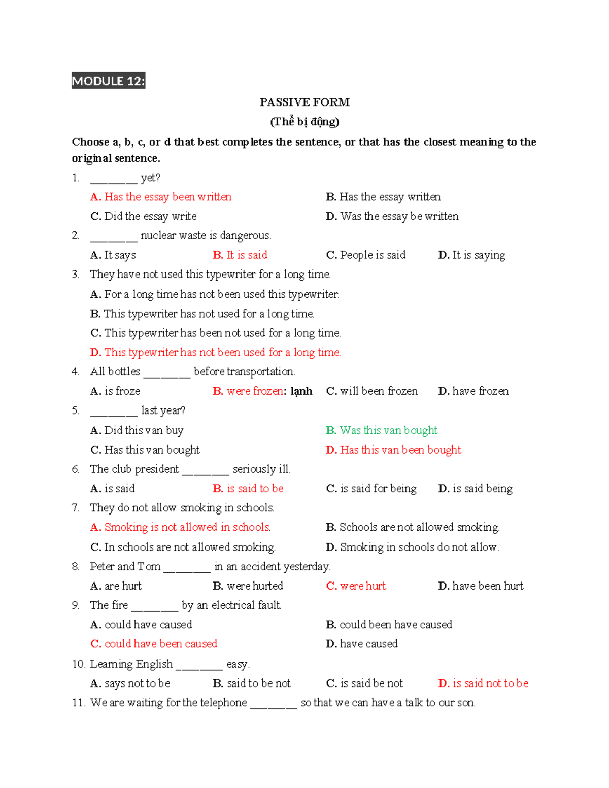 MODULE 12: PASSIVE FORM EXERCISES (Thể bị động) - Studocu