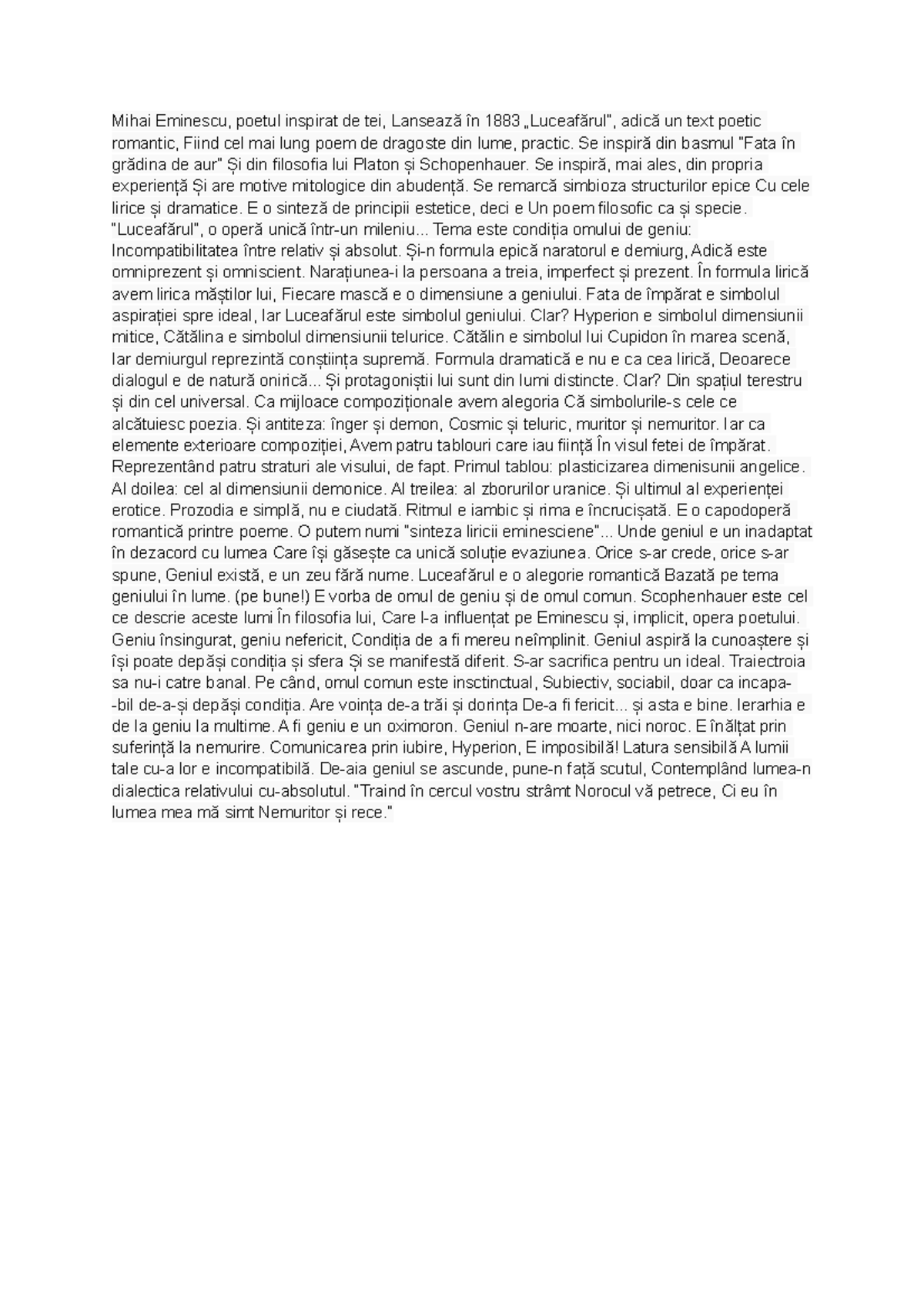 Luceafarul - eseu bac - Mihai Eminescu, poetul inspirat de tei ...