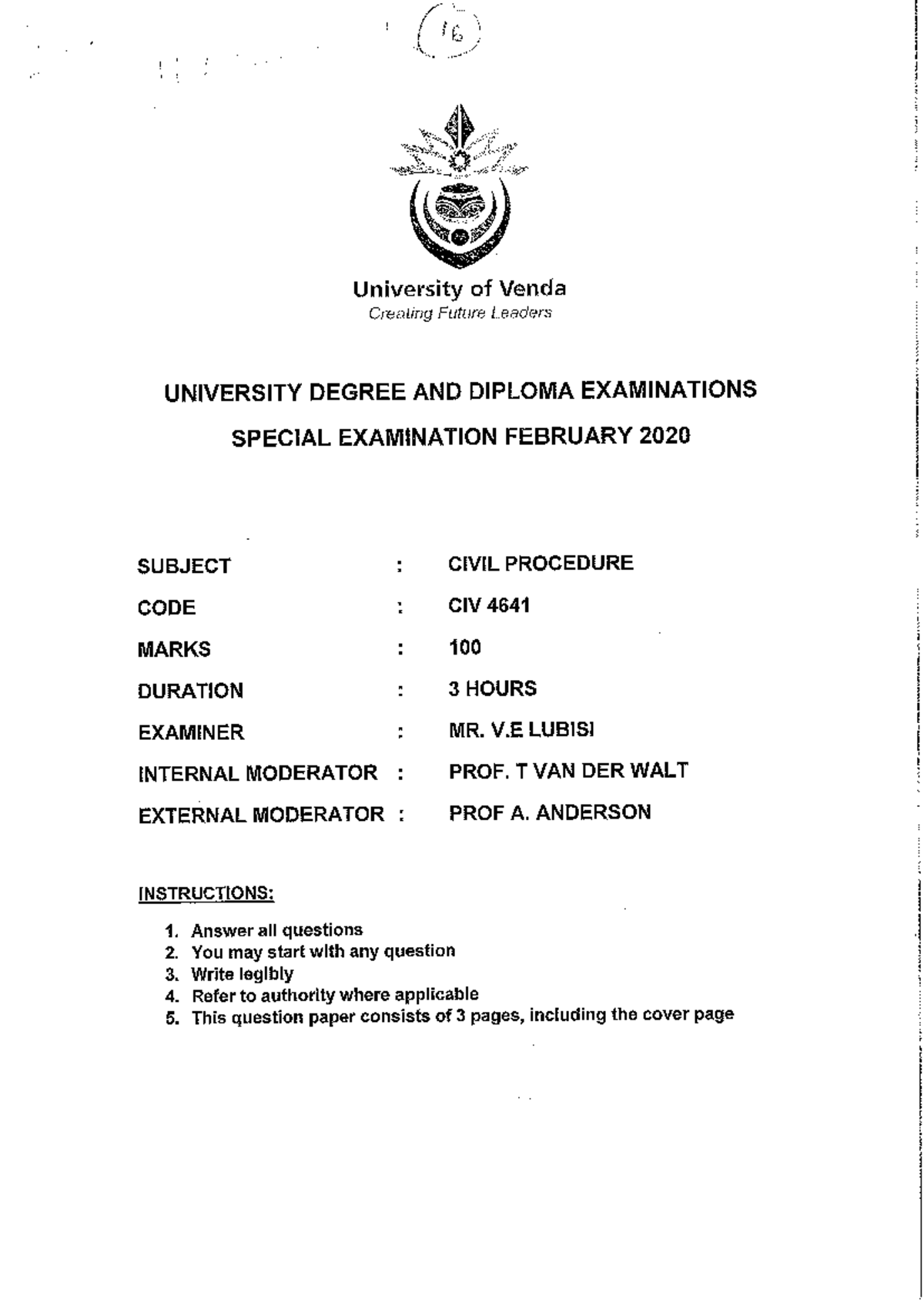 CIV 4641 - Past Exam Paper: Civil Procedure Special Exam Feb 2020 - Studocu