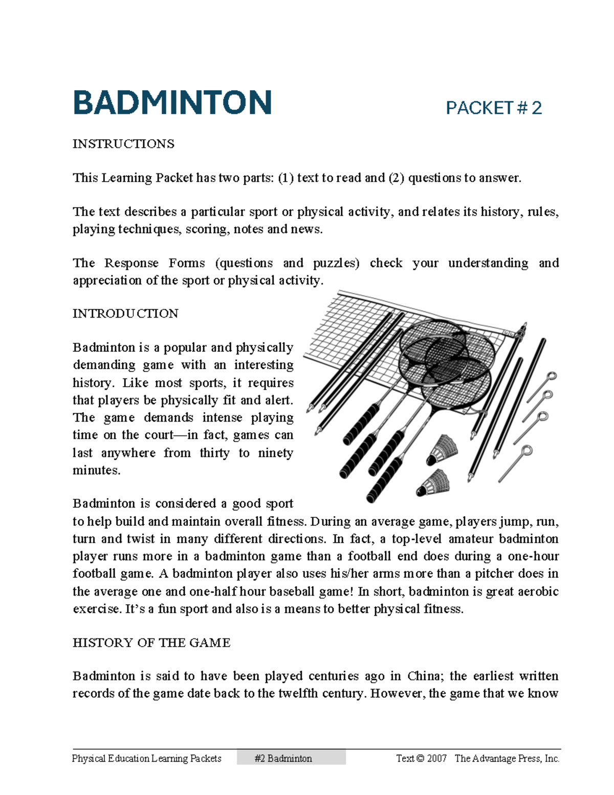 BADMINTON PACKET 2: HISTORY, TECHNIQUES & STUDENT RESPONSES - Studocu