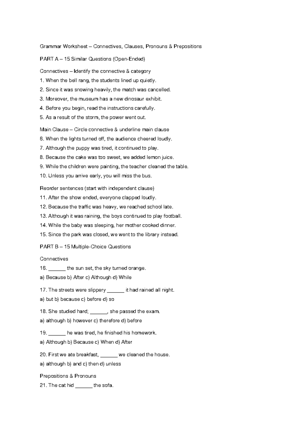 Grammar Worksheet: Connectives, Clauses, & Pronouns (Part A & B) - Studocu