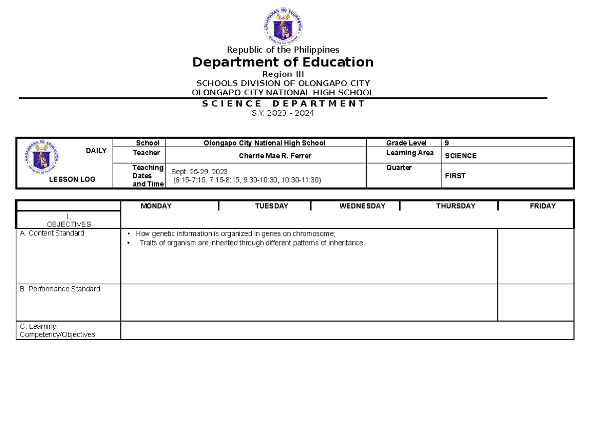 Daily Lesson LOG WEEK 4 G9 - Department of Education Region III SCHOOLS ...