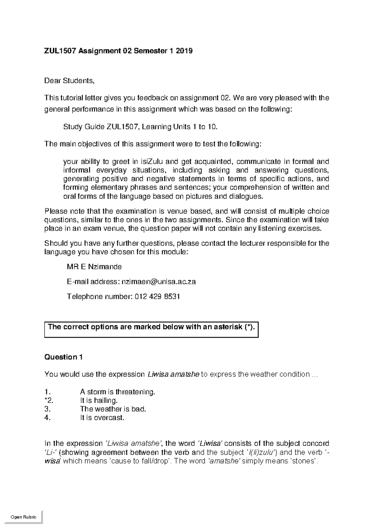 Zul1507 assignment 2 - ZUL1507 Assignment 02 Semester 1 2019 Dear Students, This tutorial letter ...