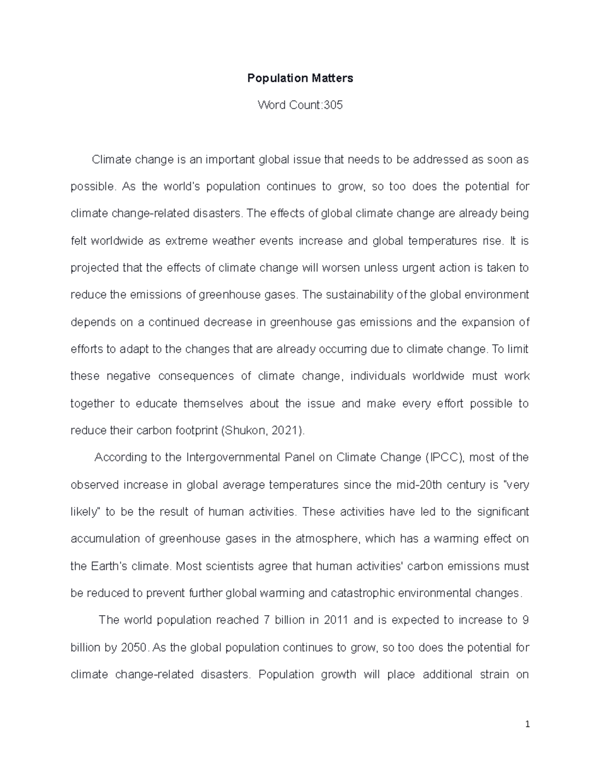 AX5 M2 Attachment 1 - ASSESSMENT 5 MODULE2 GED105 - Population Matters Word Count: Climate ...