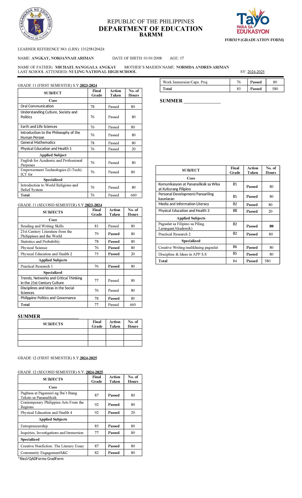 Grade 11 & 12 Academic Performance Report - BARMM Form 9 - Studocu