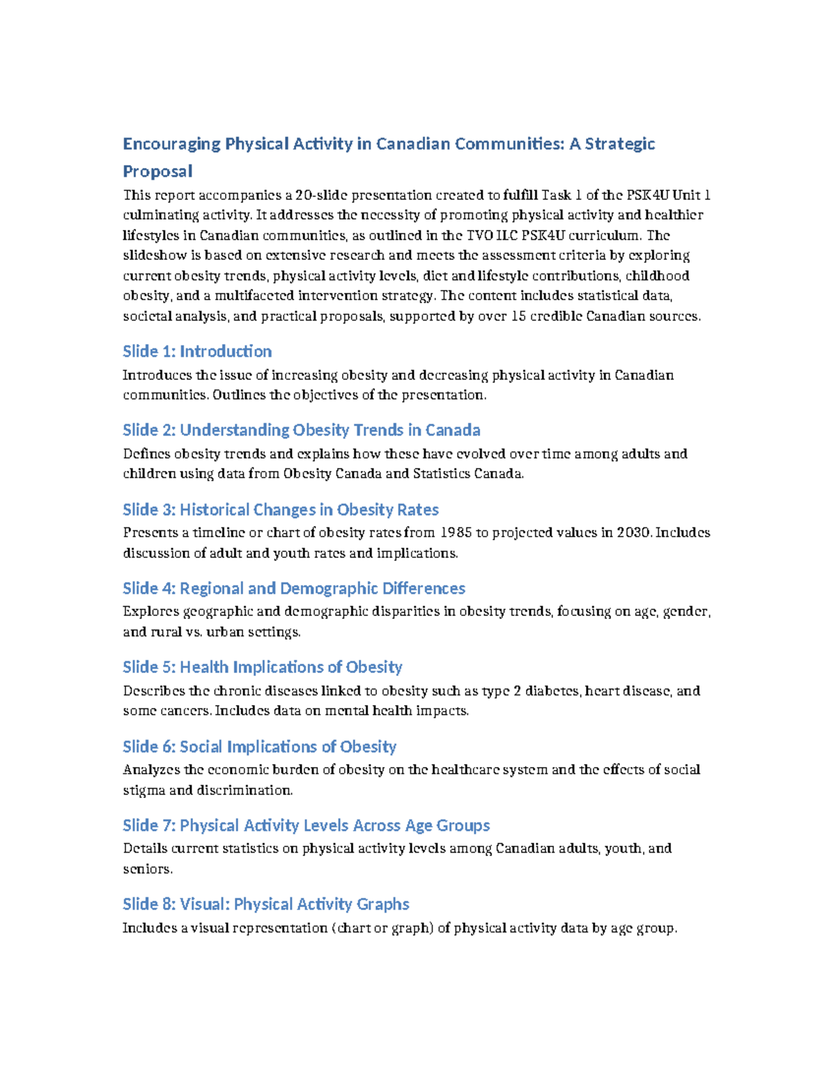 PSK4U Unit 1 Report on Promoting Physical Activity in Canada - Studocu