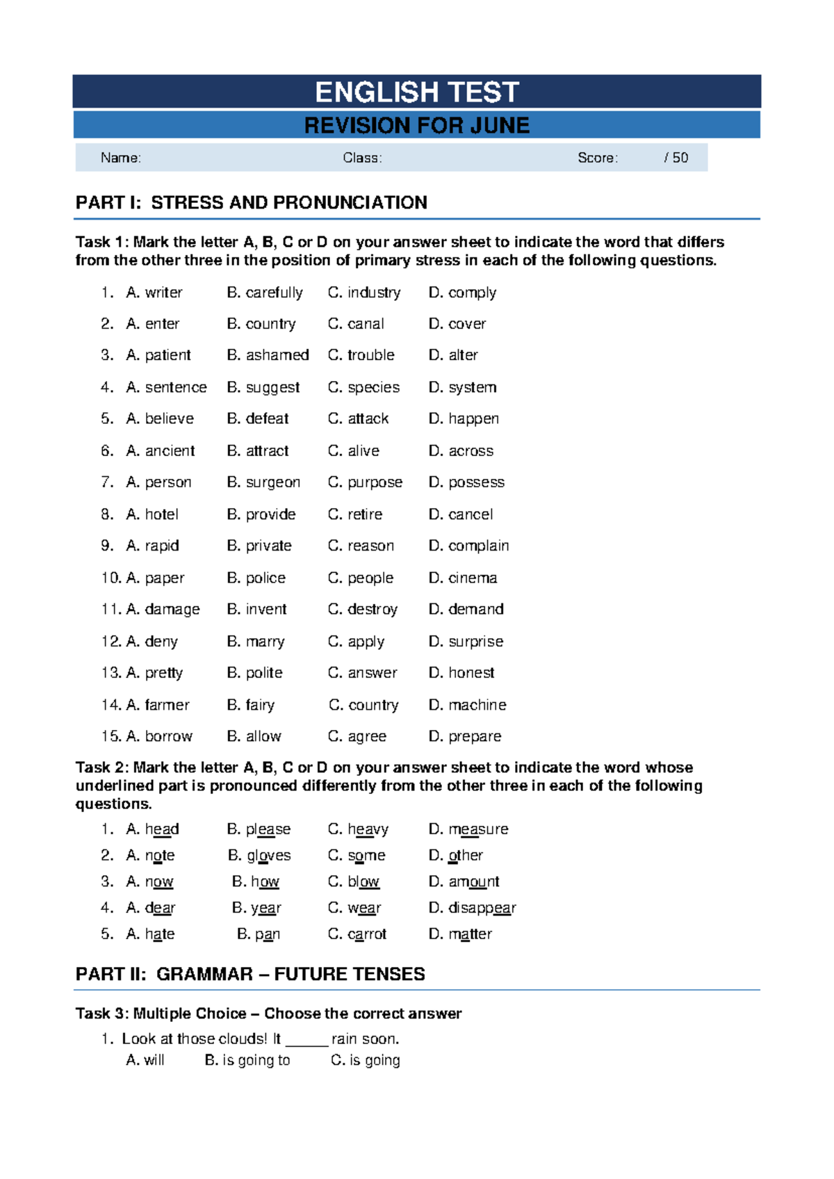 ENGLISH TEST REVISION FOR JUNE - STRESS, PRONUNCIATION & GRAMMAR - Studocu