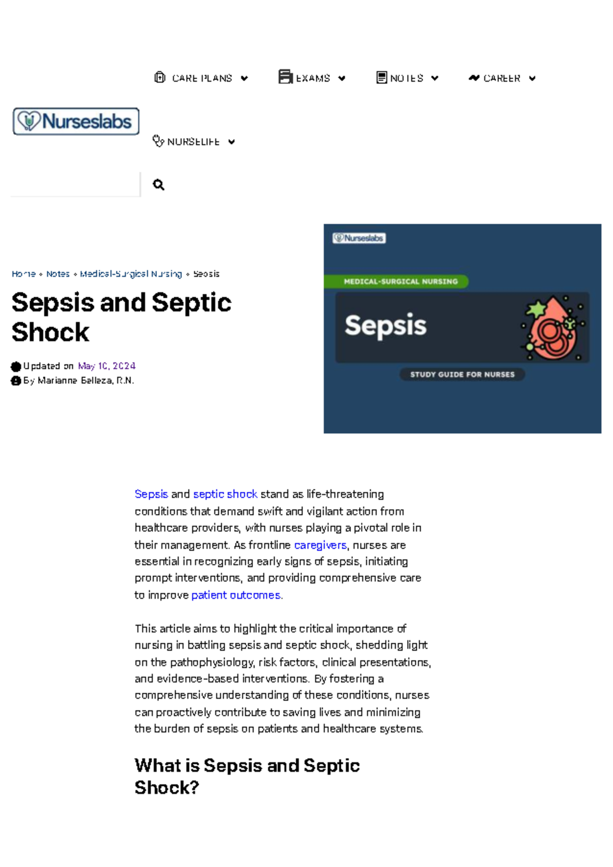 Sepsis and Septic Shock: Nursing Care Management - Study Guide - Home ...