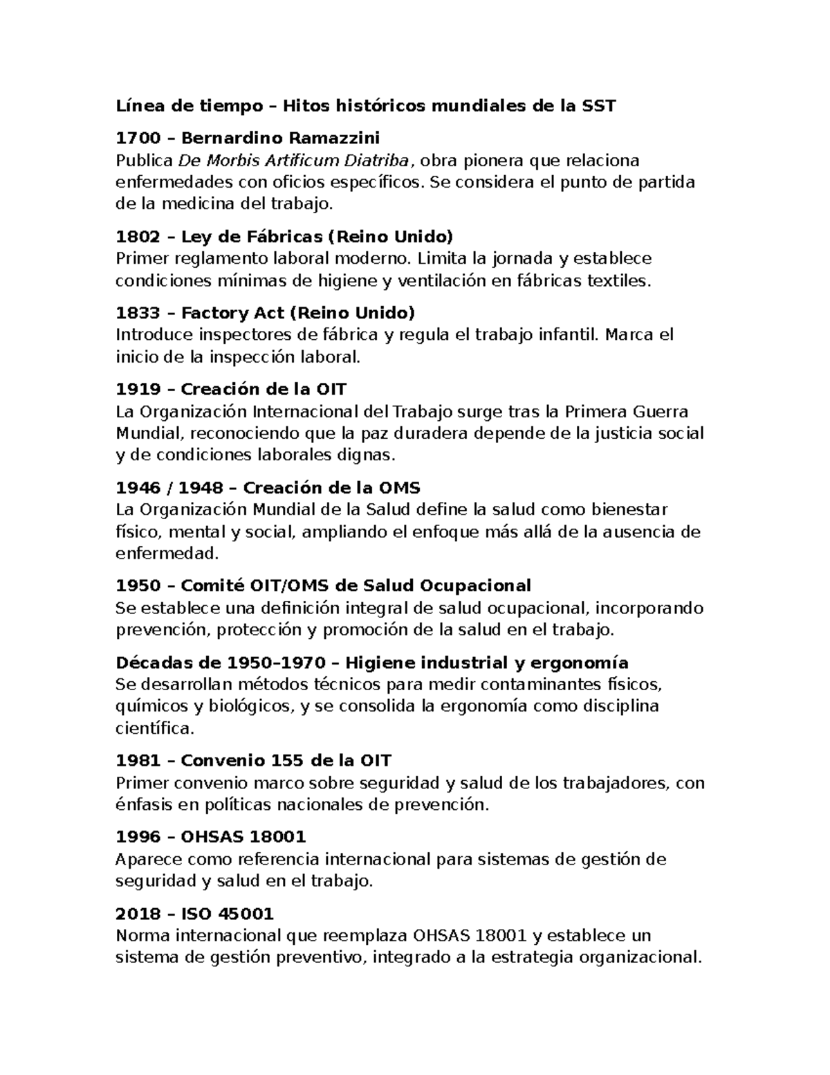 Línea de Tiempo de Hitos Históricos en SST 1700-2018 - Studocu
