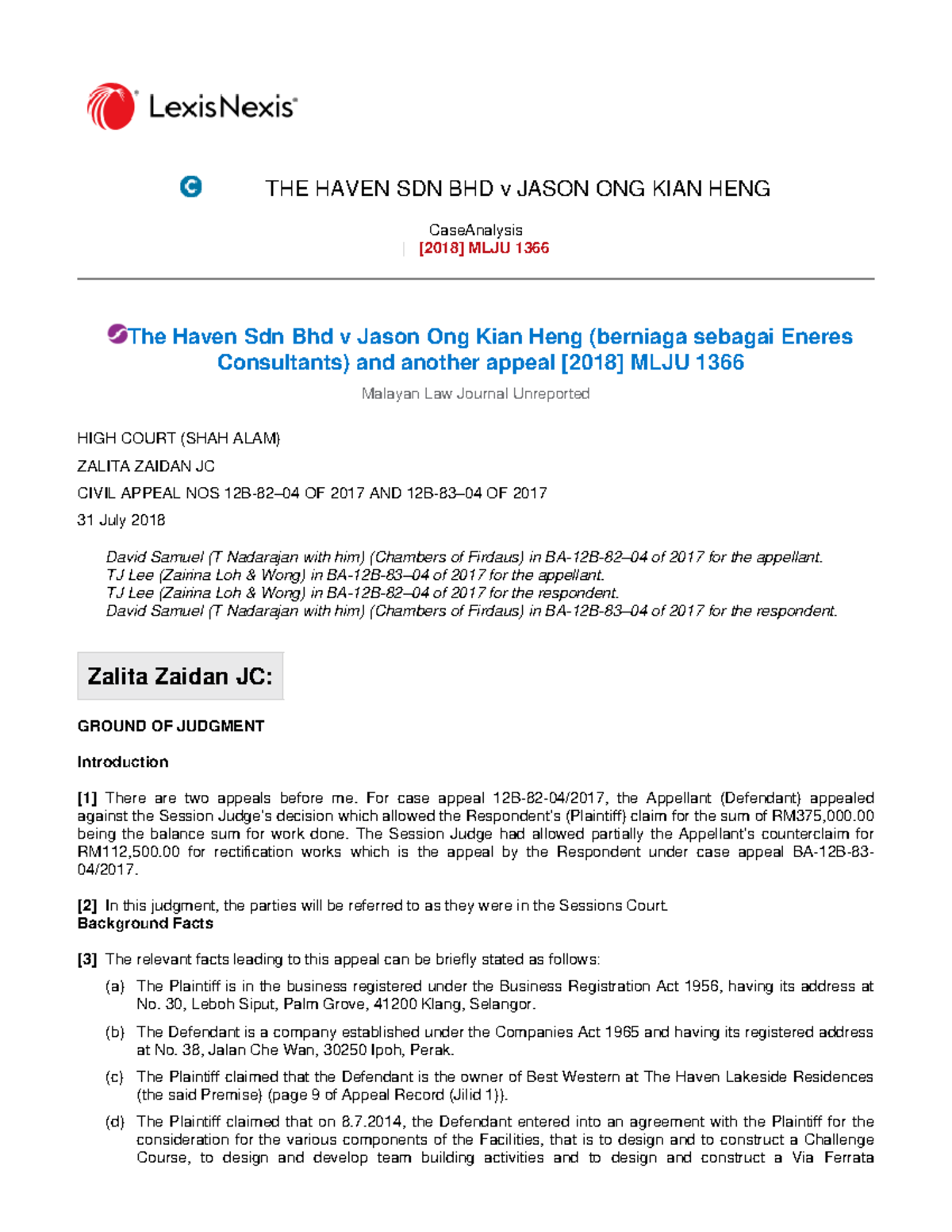 THE HAVEN SDN BHD v JASON ONG KIAN HENG Case Analysis MLJU 1366 - Studocu