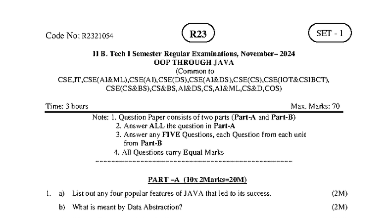 OOP Through JAVA - II B. Tech I Sem Regular Exam R23 - Studocu