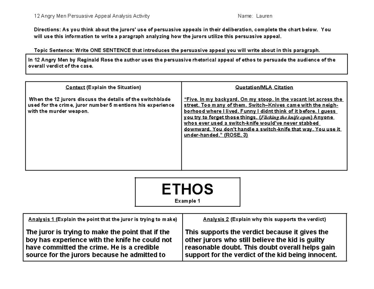 12 Angry Men Essay: Analyzing Persuasive Appeals (Logos & Ethos) - Studocu