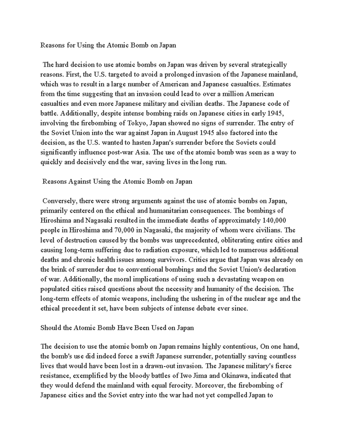 The Ethical Dilemma of the Atomic Bombing of Japan - ESSAY - Studocu