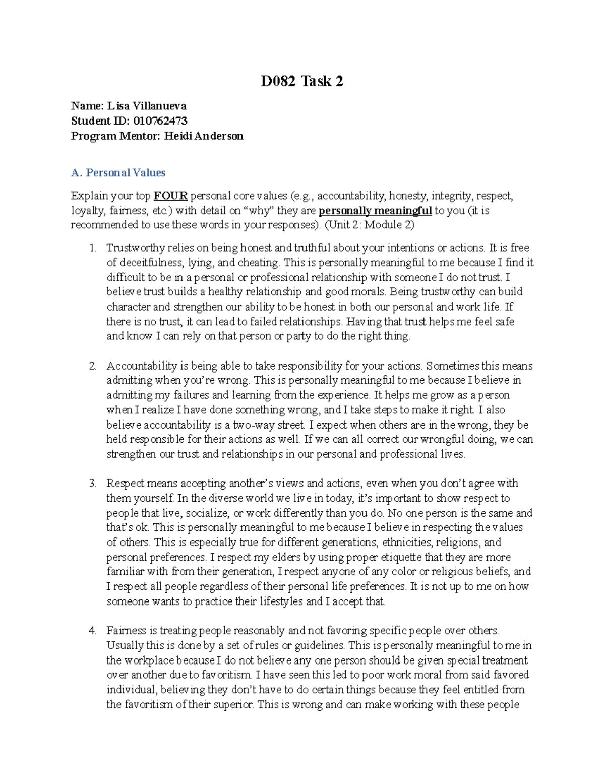 Task 2 - Core Values - D082 Task 2 Name: Lisa Villanueva Student ID: 010762473 Program Mentor ...