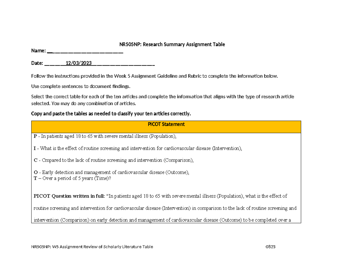 NR505NP Week 5 Research Summary Assignment Template V2 12/03/2023 - Studocu