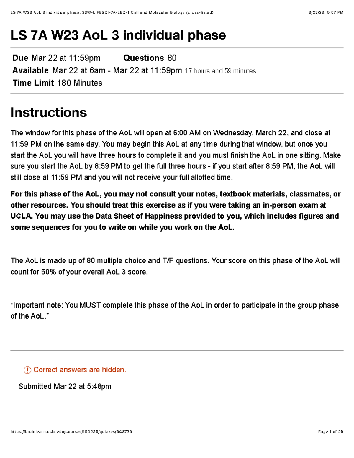 LS 7A W23 AoL 3 Individual Phase: Cell and Molecular Biology Exam Guide ...