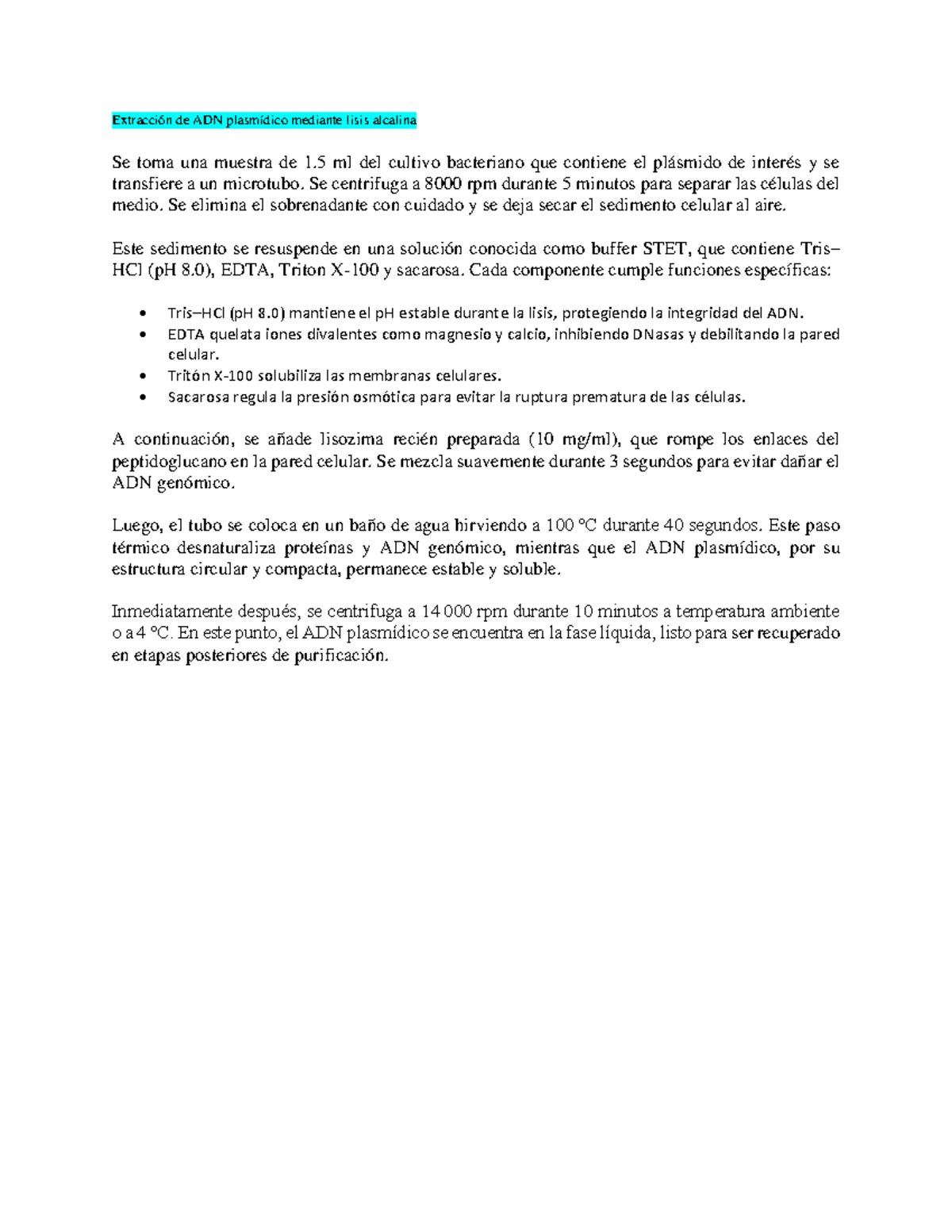 Extracción de ADN Plasmídico por Lisis Alcalina - Studocu