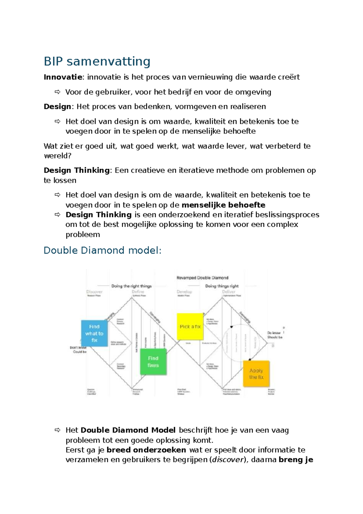 Samenvatting BIP: Innovatie, Design Thinking en Projectmanagement - Studocu