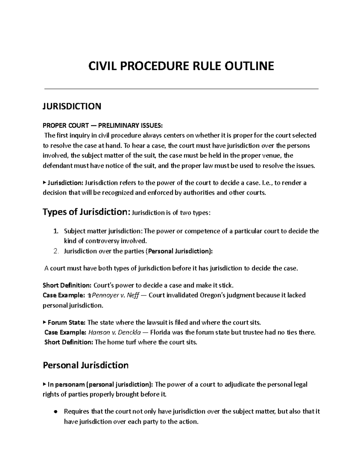 CIVIL PROCEDURE OUTLINE: JURISDICTION & PROPER COURT ANALYSIS - Studocu