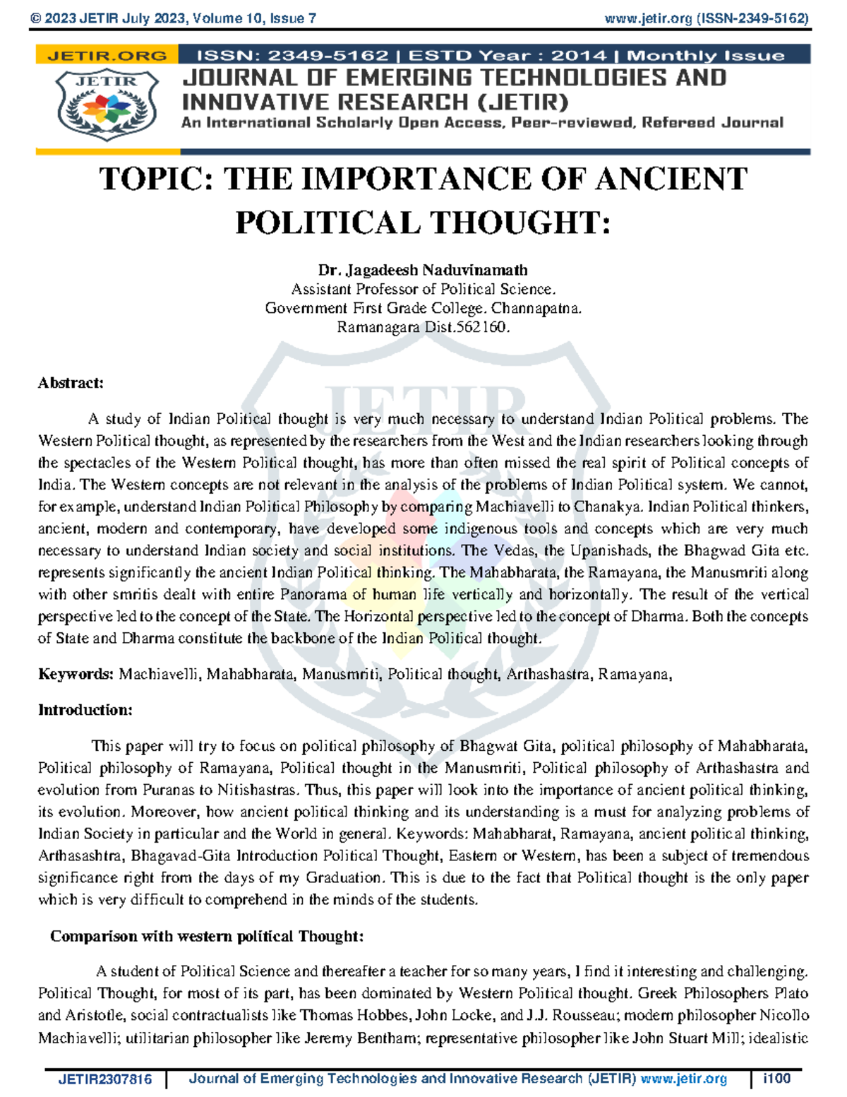 Jetir 2307816 - Ancient Indian political thought - TOPIC: THE ...