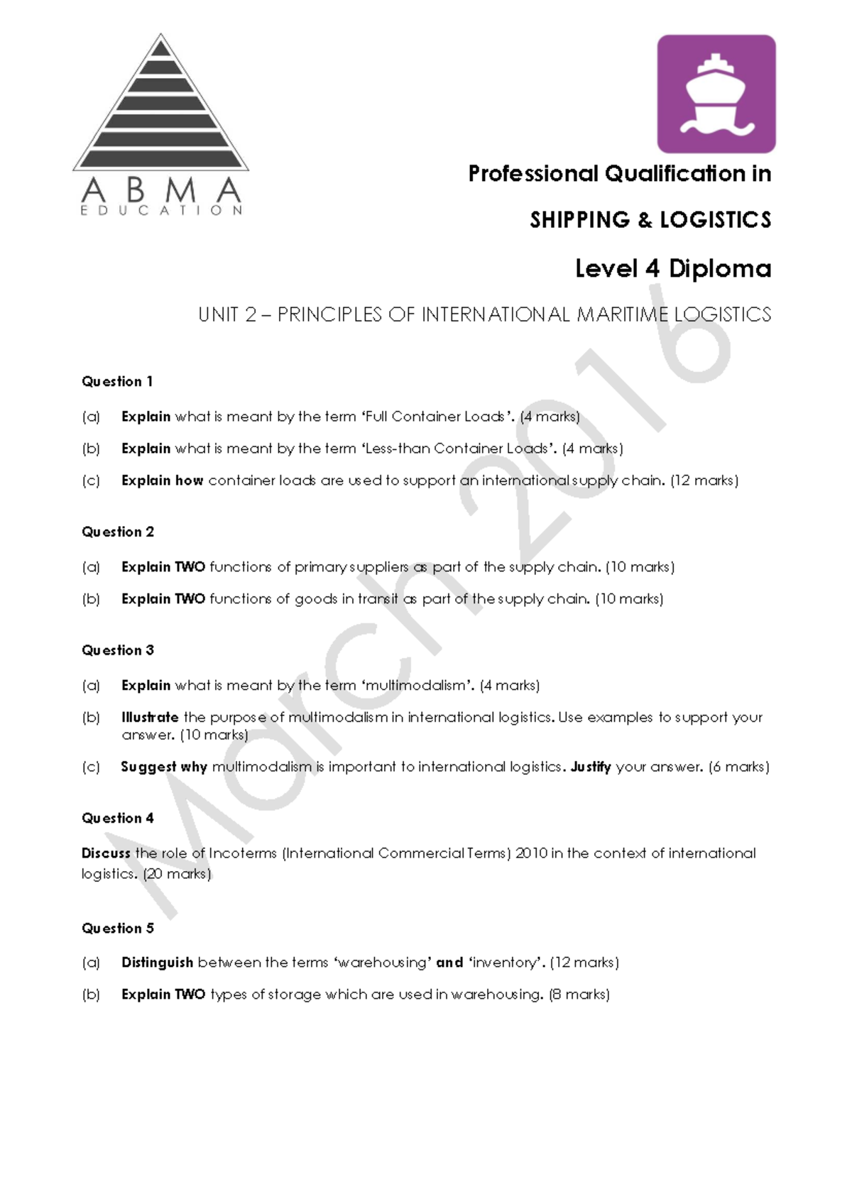 Professional Qualification in SHIPPING LOGISTICS Level 4 Diploma UNIT 2 ...