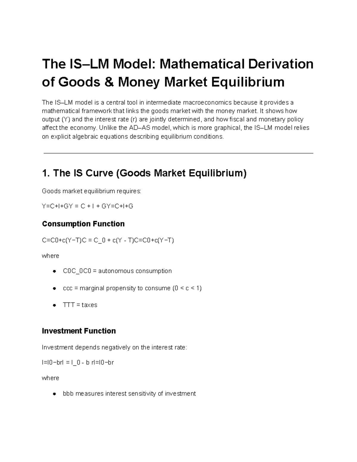 ECN 600 IS-LM Model: Mathematical Equilibrium Notes - Studocu