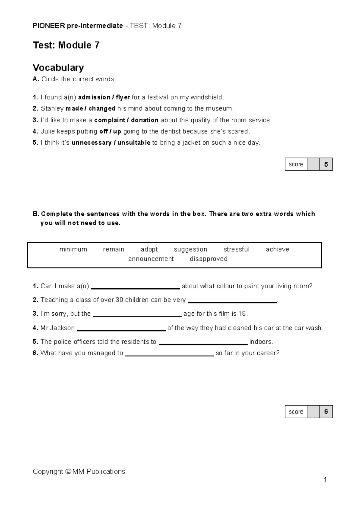 PIONEER TEST: Module 7 Vocabulary & Communication Exercises - Studocu