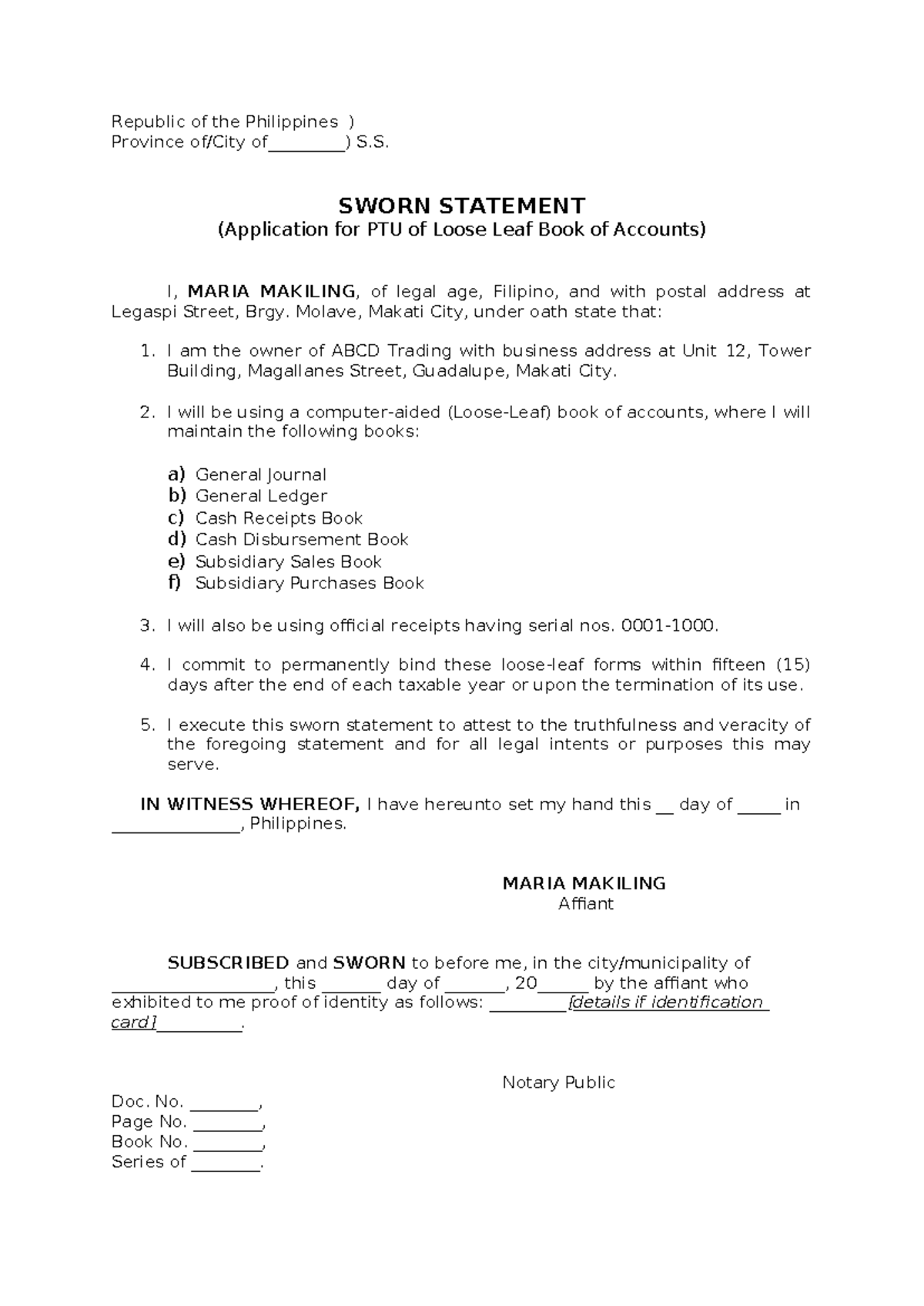 Sworn Statement for PTU Application of Loose Leaf Books of Accounts ...