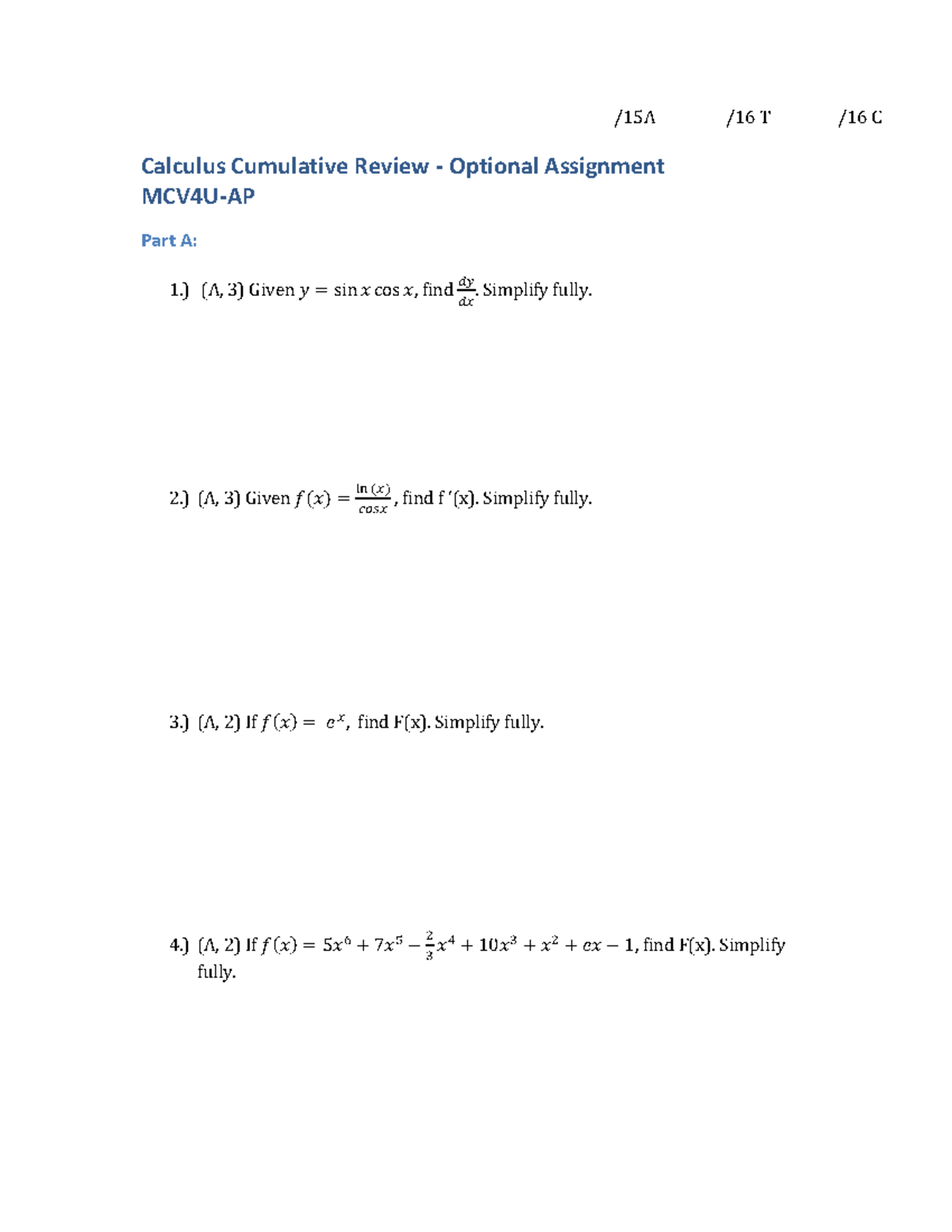 Calculus Cumulative Review Optional Assignment - April - Studocu
