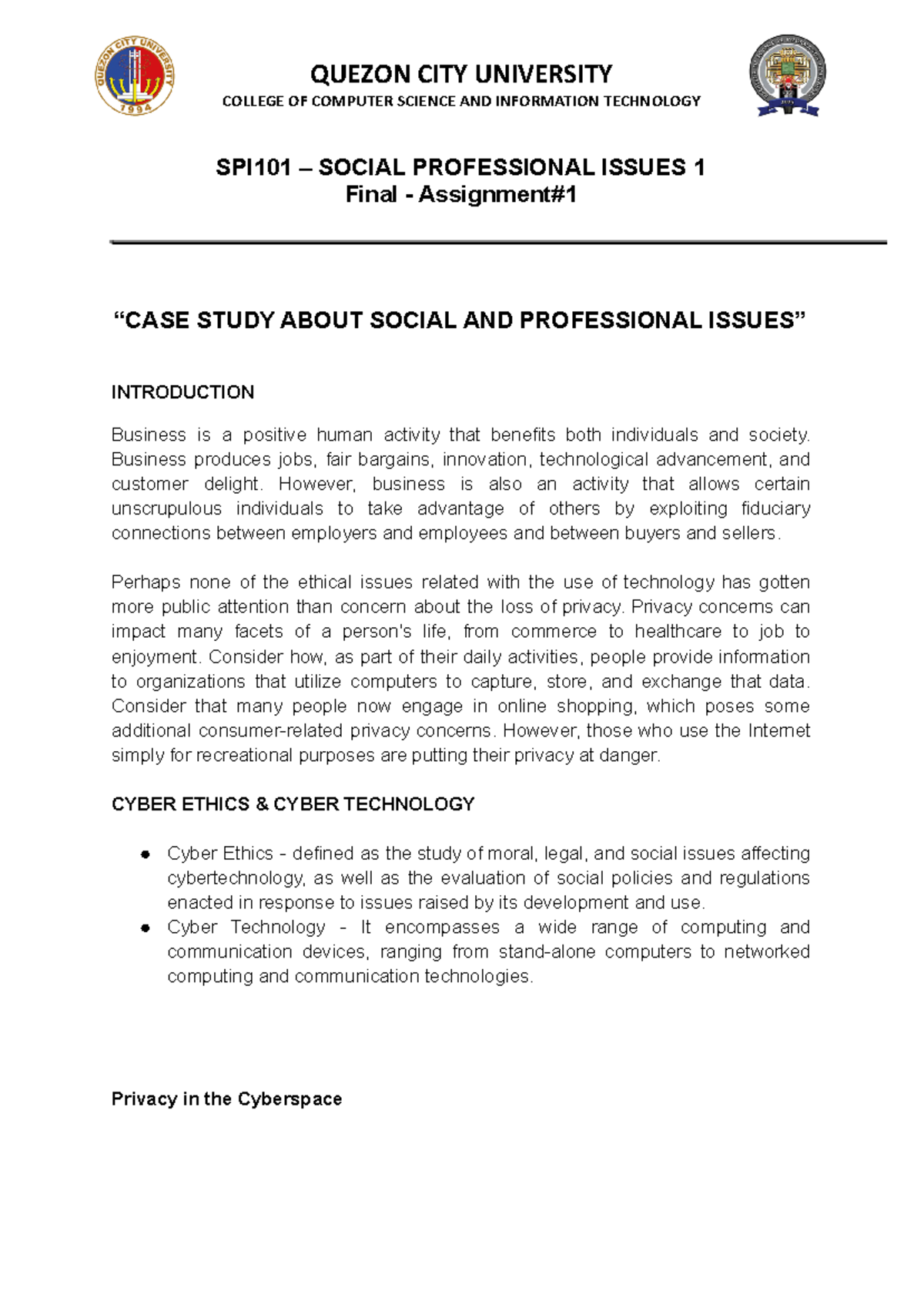 SPI101 - Final Assignment #1: Case Study on Social & Professional ...