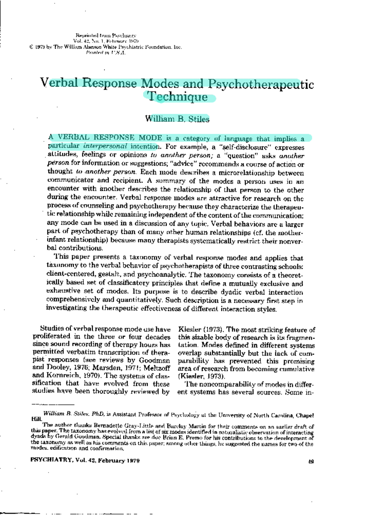 Verbal Response Modes in Psychotherapy: A Taxonomy by William B. Stiles ...
