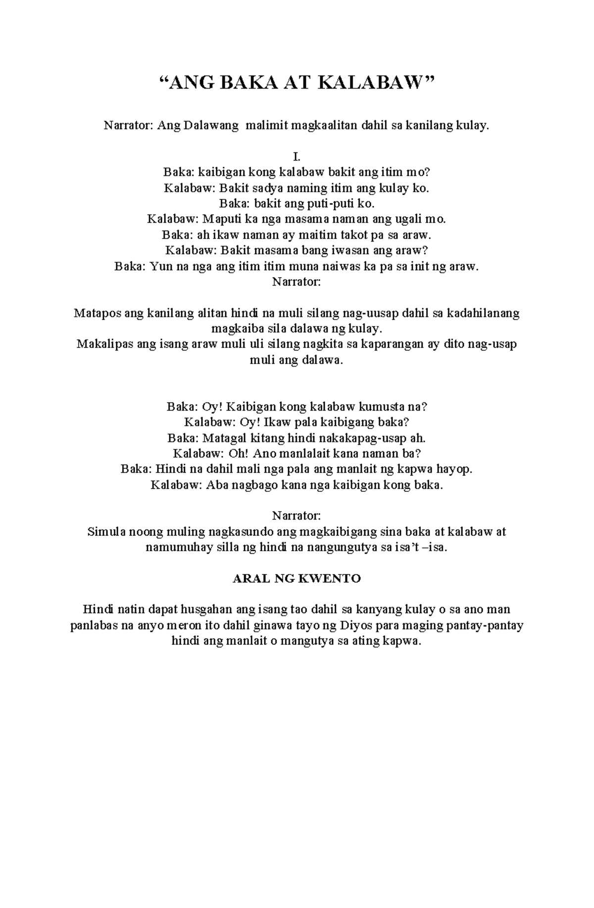 ANG BAKA AT KALABAW: Aral ng Kwento sa Pagkakaibigan - Studocu