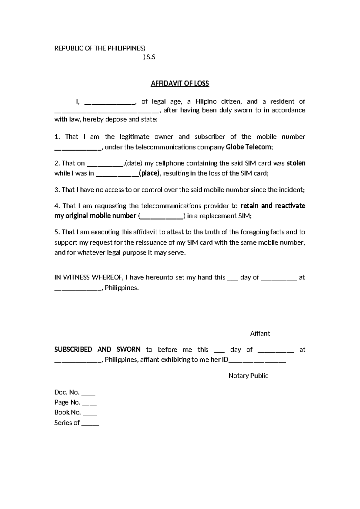 Affidavit of Loss for Globe SIM Card Replacement - Studocu