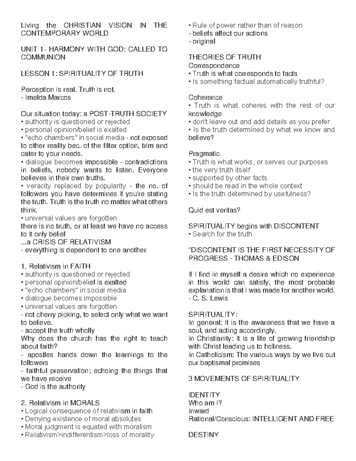 UNIT I Summative: Harmony with God and Spirituality of Truth - Studocu