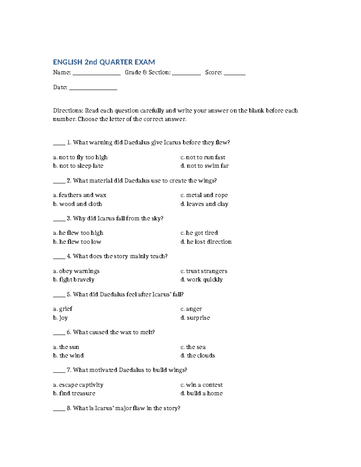 ENGLISH G6 FINAL EXAM: 2nd Quarter Assessment Questions - Studocu