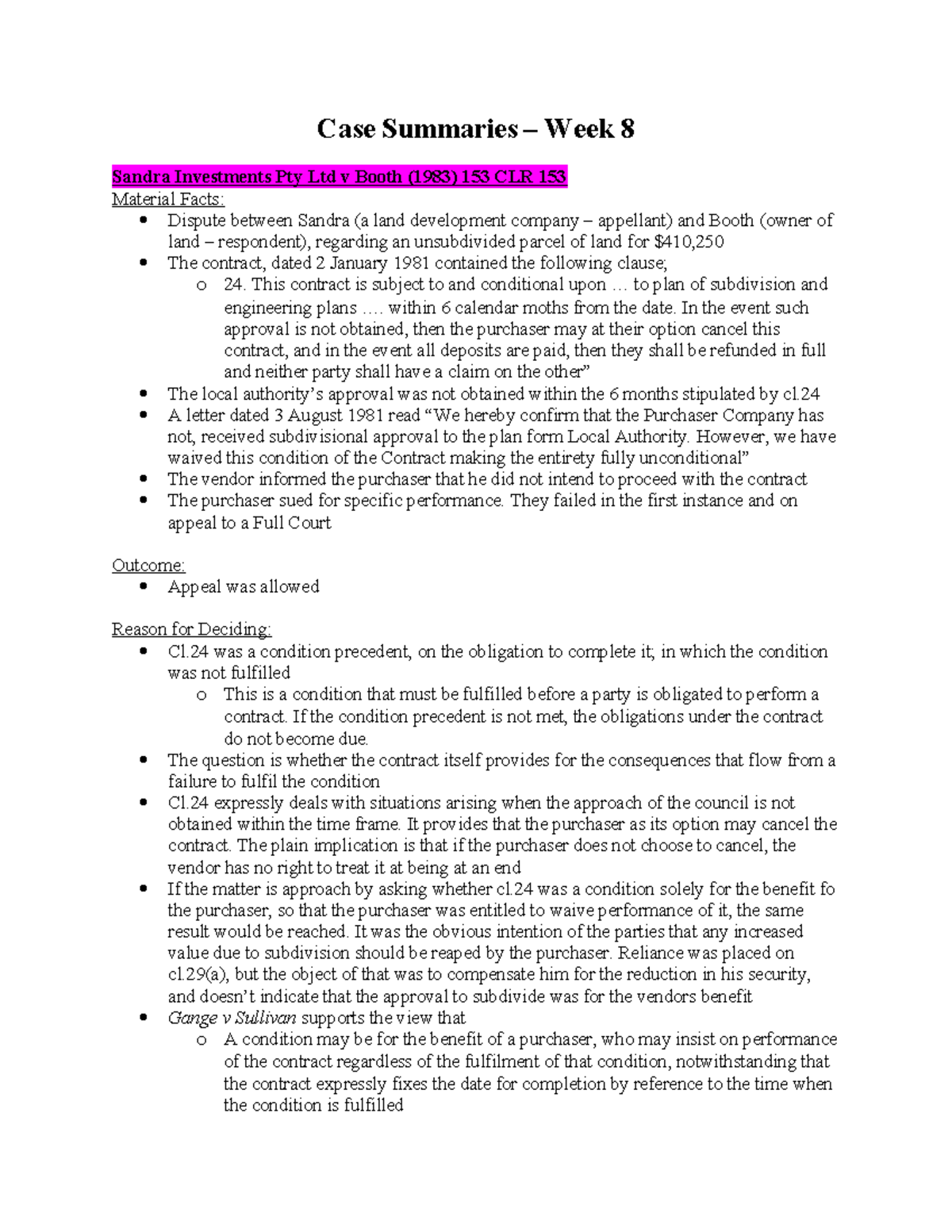Case Summaries Week 8: Sandra Investments Pty Ltd v Booth & Gange v ...