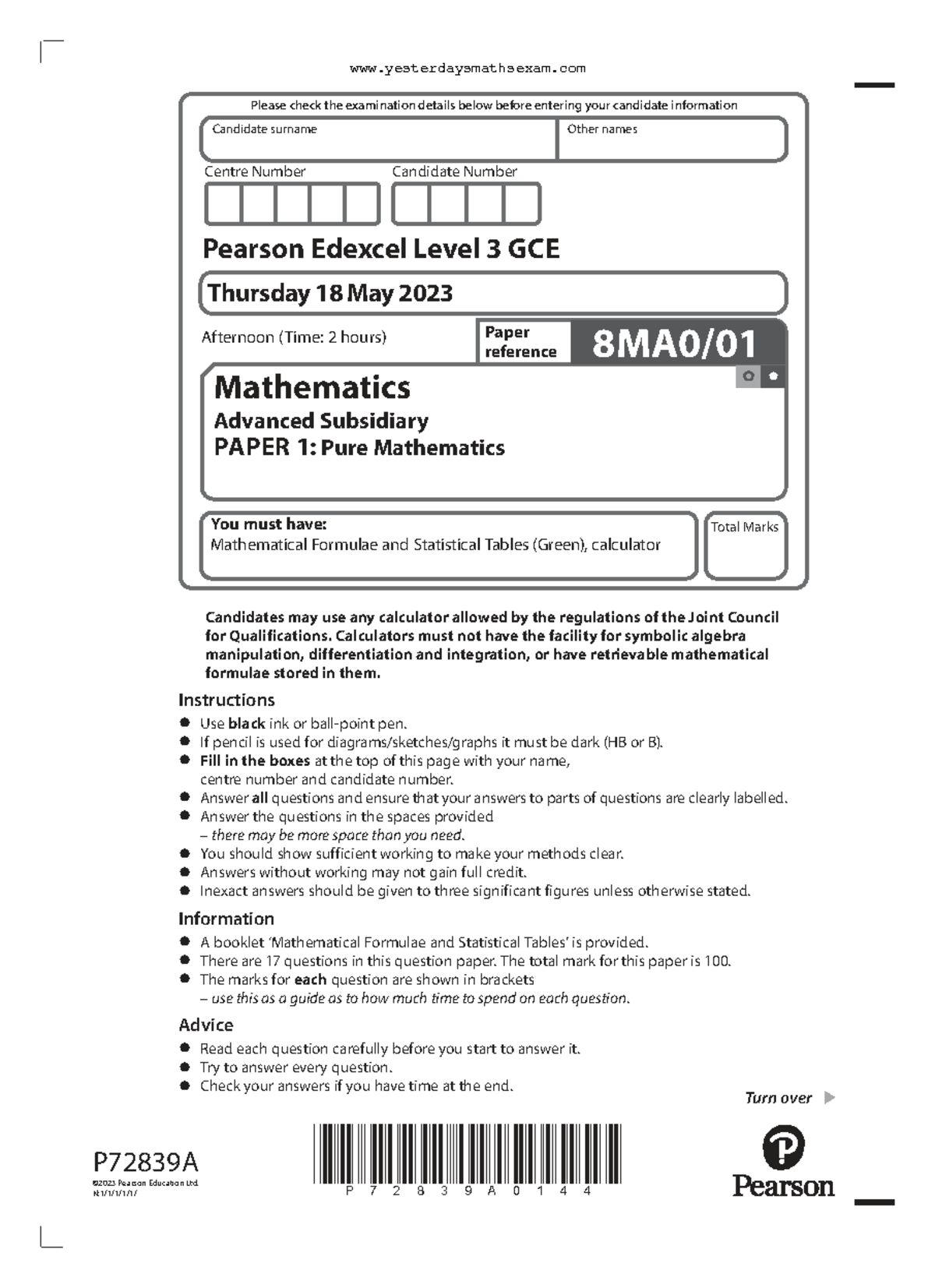 2023 AS Mathematics Paper 1 Exam Details - Studocu