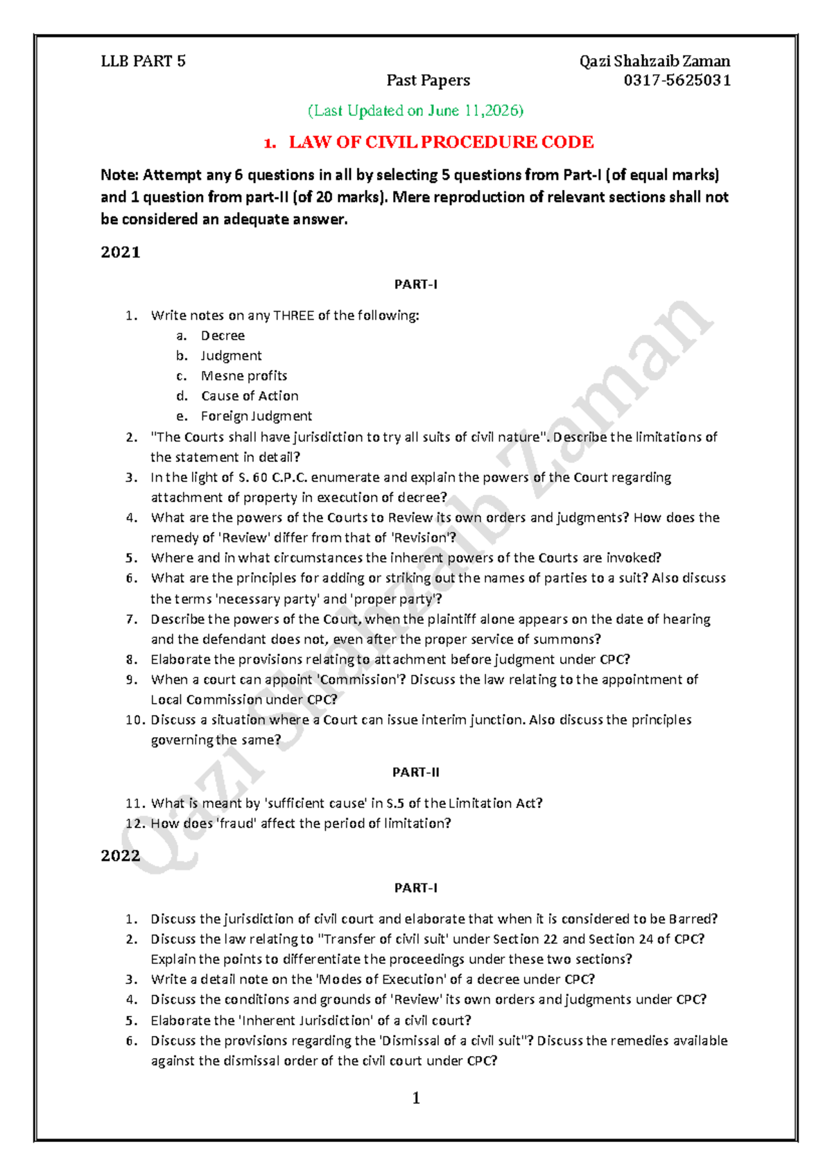 LLB PART 5 Past Papers: Comprehensive Study Guide by Qazi Shahzaib ...