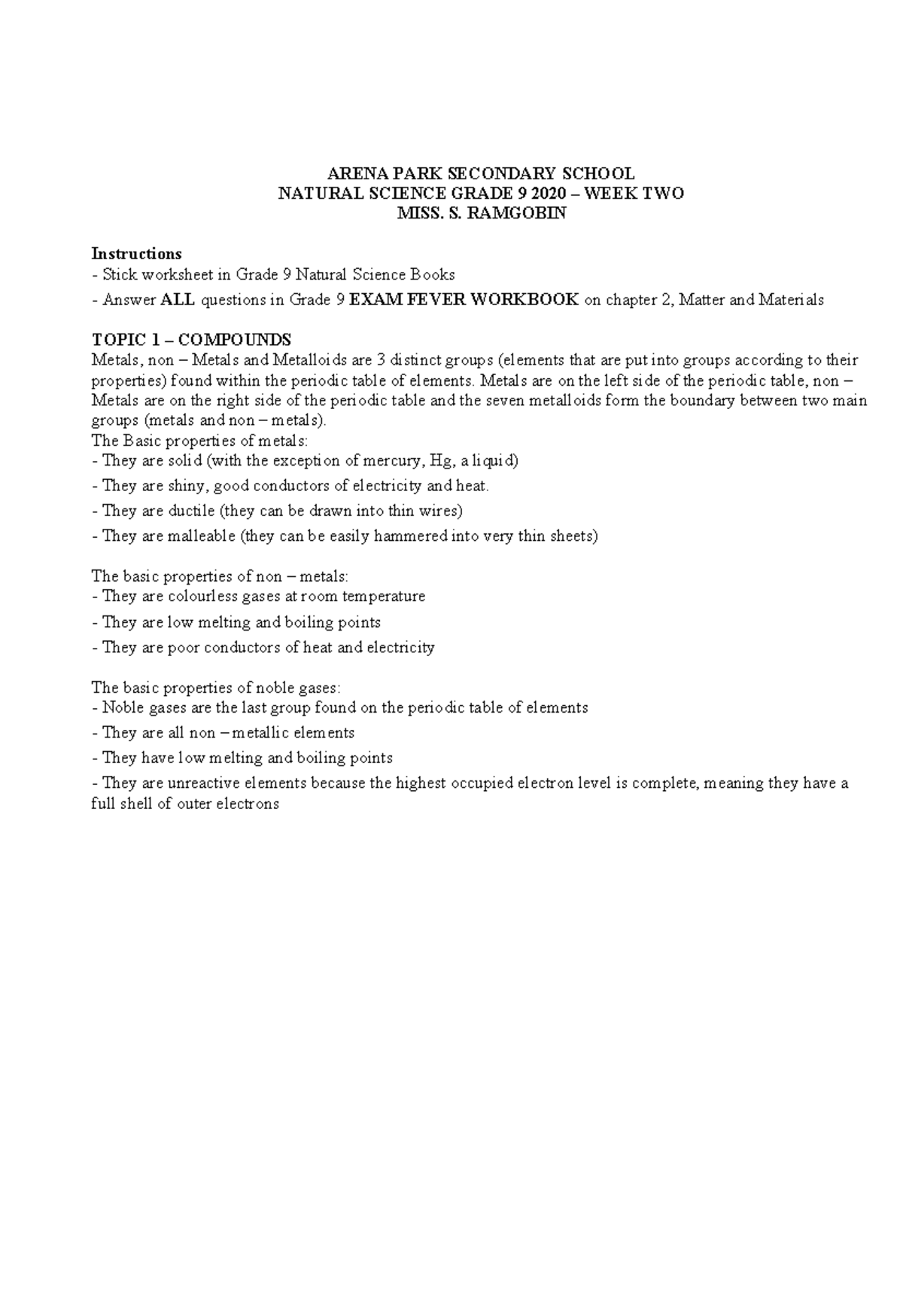 Grade 9 Natural Science: Week 2 - Matter & Materials (2020) - Studocu