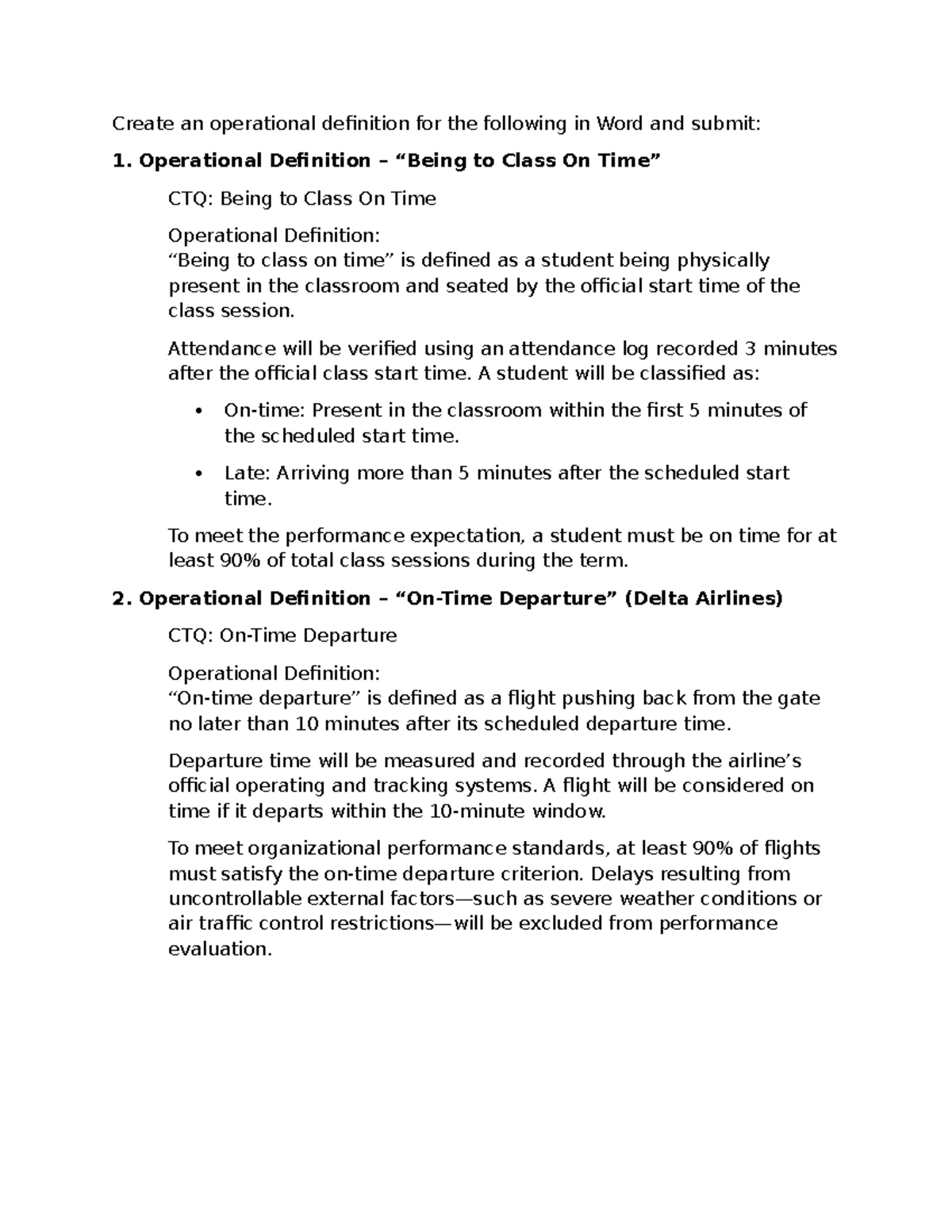 Operational Definitions for CTQ: Class Attendance & Flight Departure ...