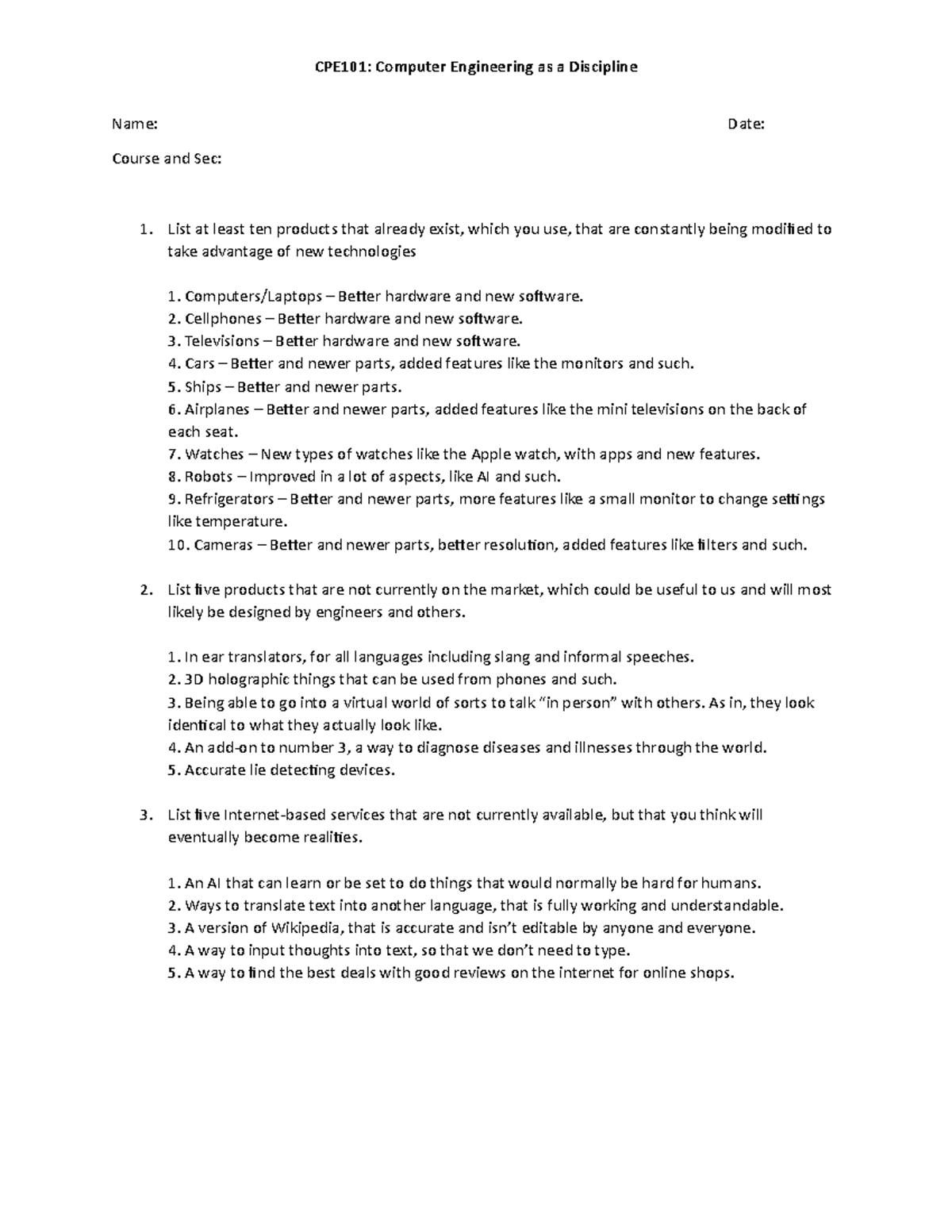 CPE101: Innovative Engineering Assignments and Concepts Overview - Studocu