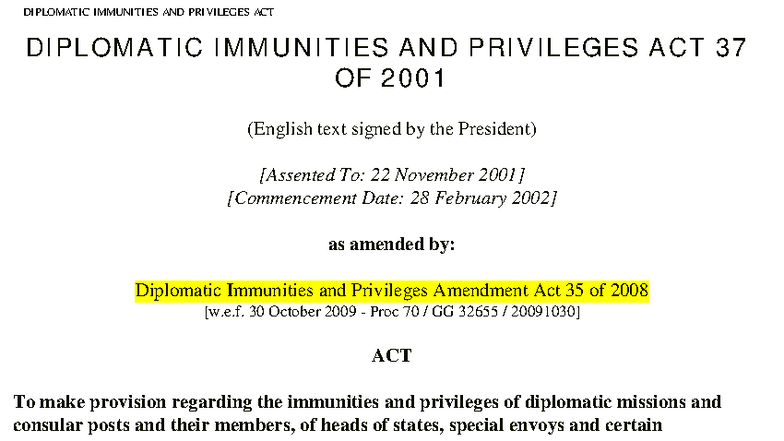 DIPLOMATIC IMMUNITIES AND PRIVILEGES ACT 37 OF 2001 - Full Text ...