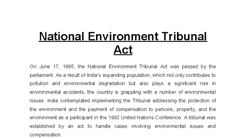 NETA - Overview of the National Environment Tribunal Act, 1995 - Studocu